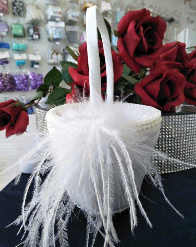 Wedding Flower Basket - Ivory Feathers and Rhinestones - Wedding Wish