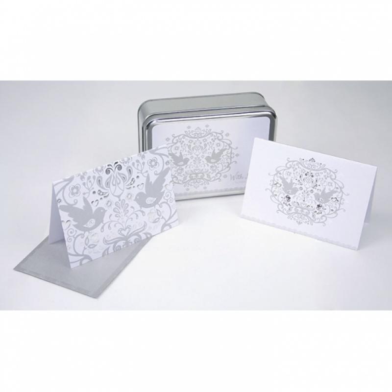 Wedding Silver Embossed Love Birds Notecards in Tin Box - Wedding Wish